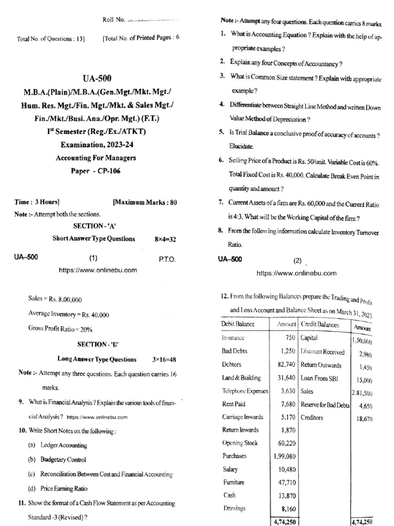 Mba 1 Sem Accounting For Managers Ua 500 2024 | PDF
