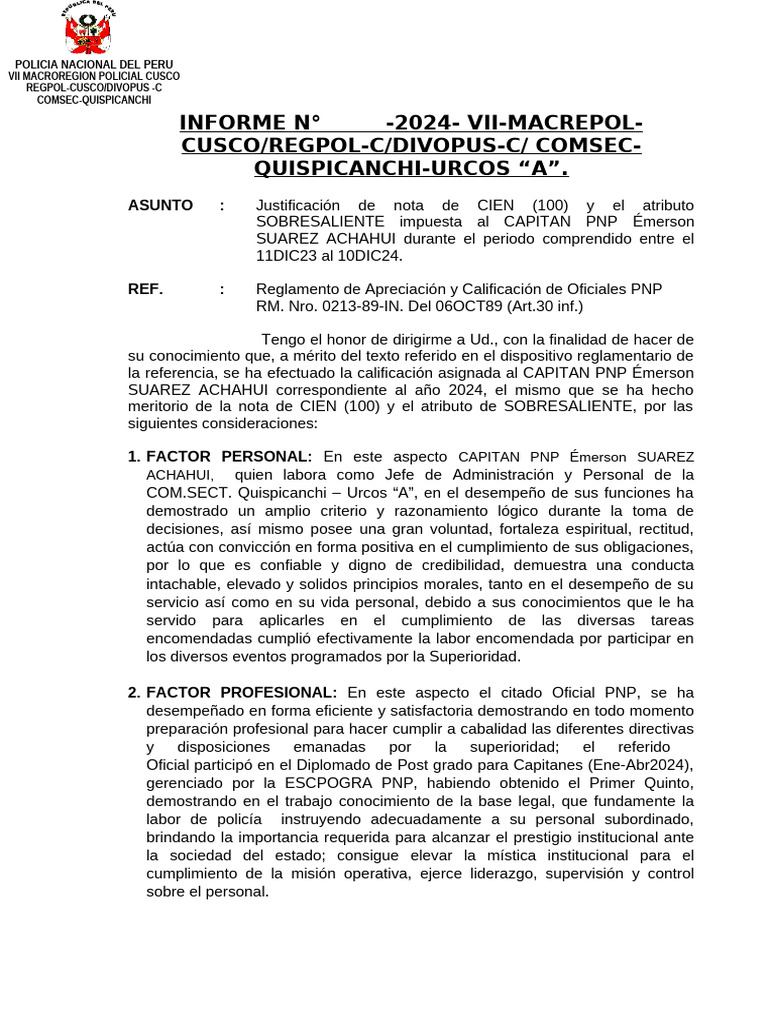 INFORME SOBRESALIENTE CAPITAN PNP Suárez 2024 | PDF