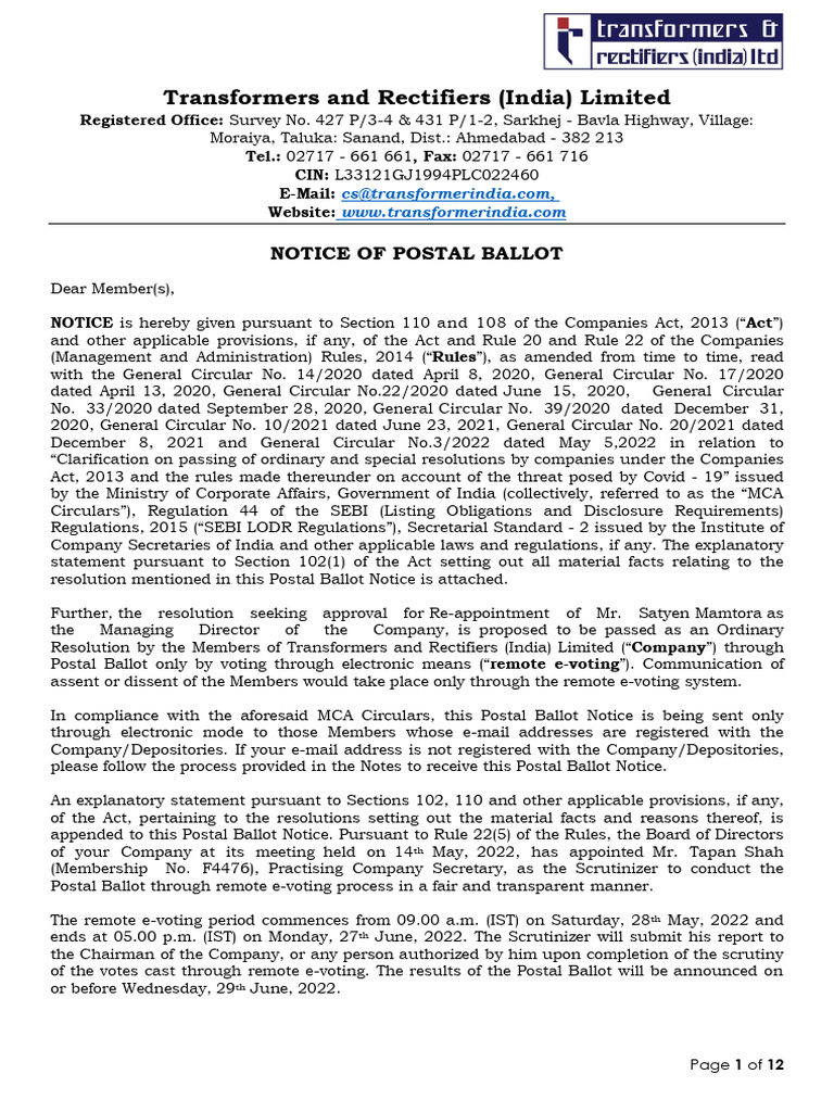 TRIL Postal Ballot Notice | PDF | Electronic Voting | Login