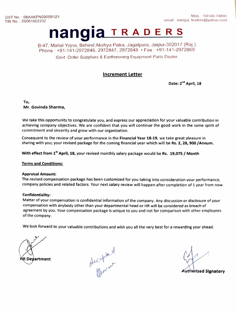 Increment Letter Nangia Traders Pvt Ltd | PDF