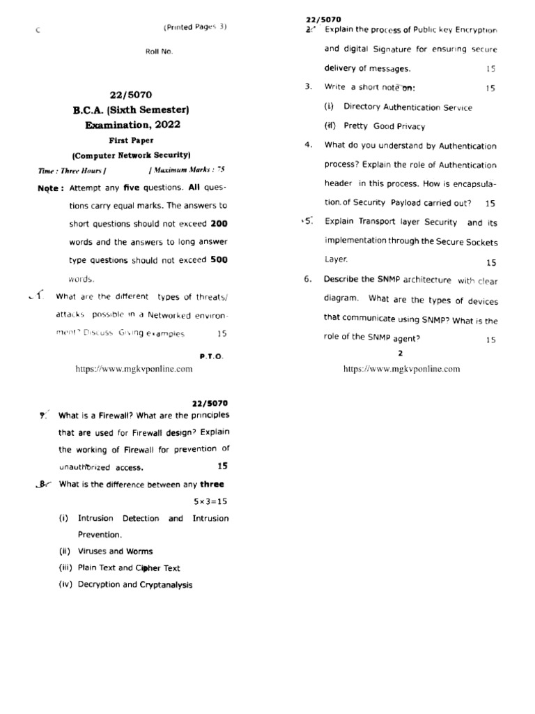 Bca 6 Sem Computer Network Security 5070 2022 | PDF
