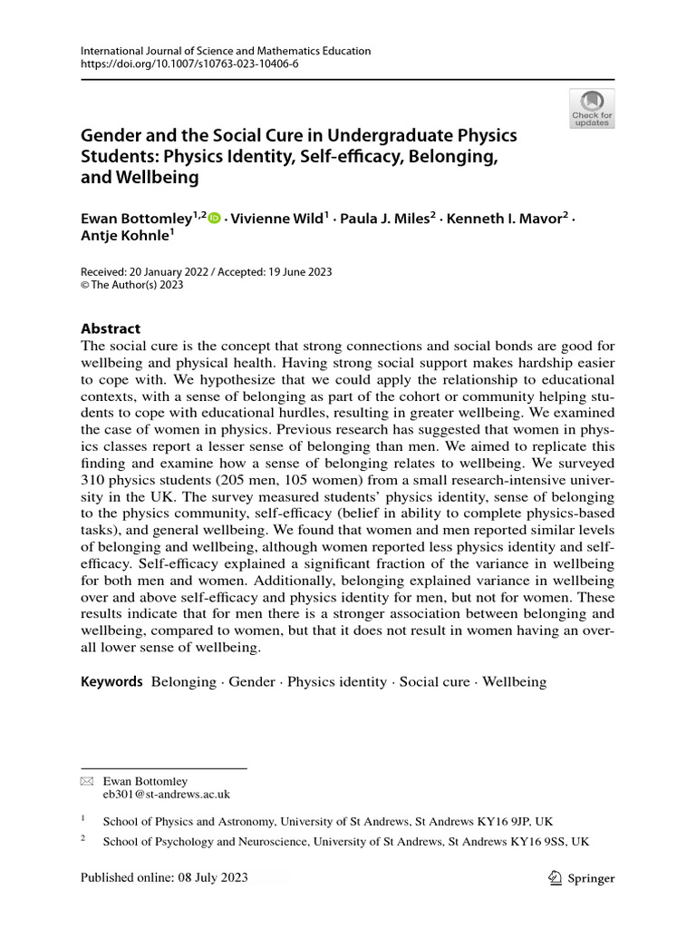 Gender and The Social Cure in Undergraduate Physics | PDF | Self ...