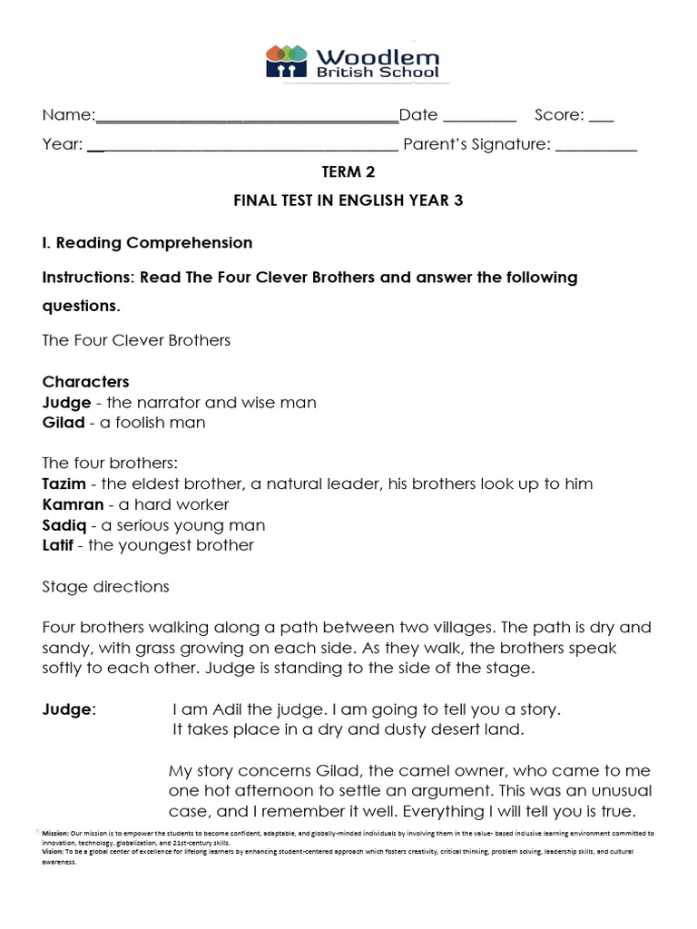 English Test: The Four Clever Brothers | PDF | Creativity | Critical ...