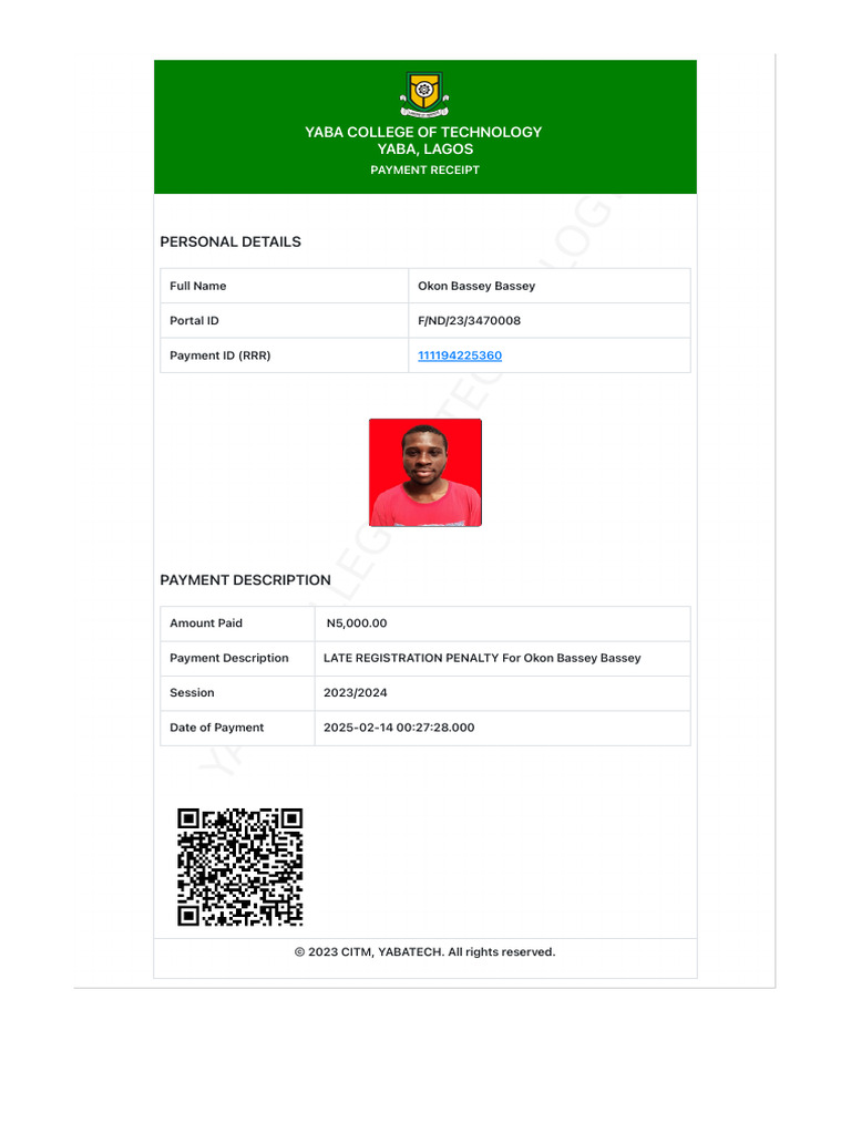Payment Receipt For Okon Bassey Bassey | PDF