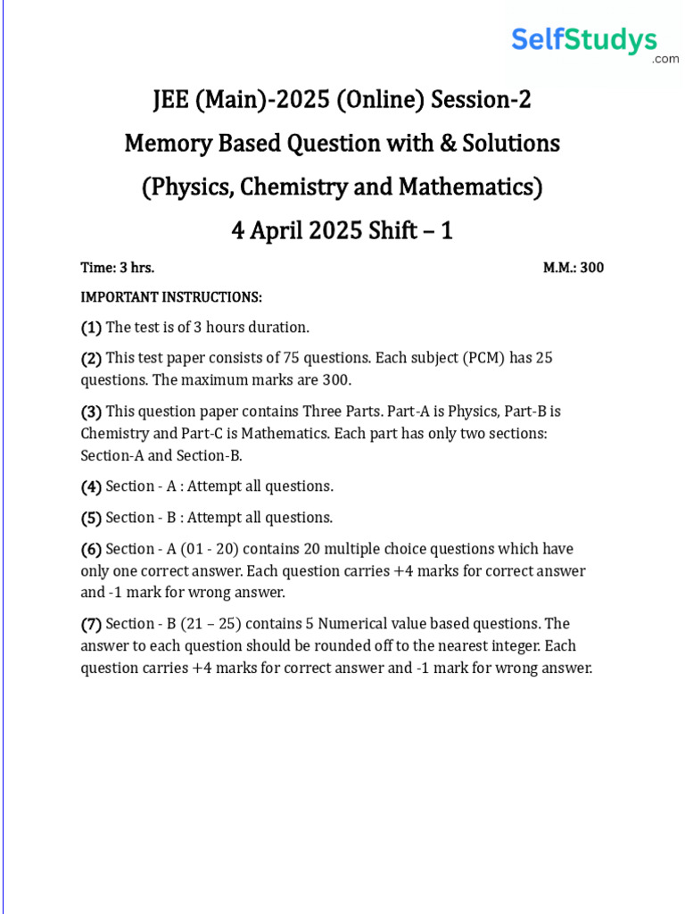 JEE Main 2025 Shift 1 Question Paper | PDF