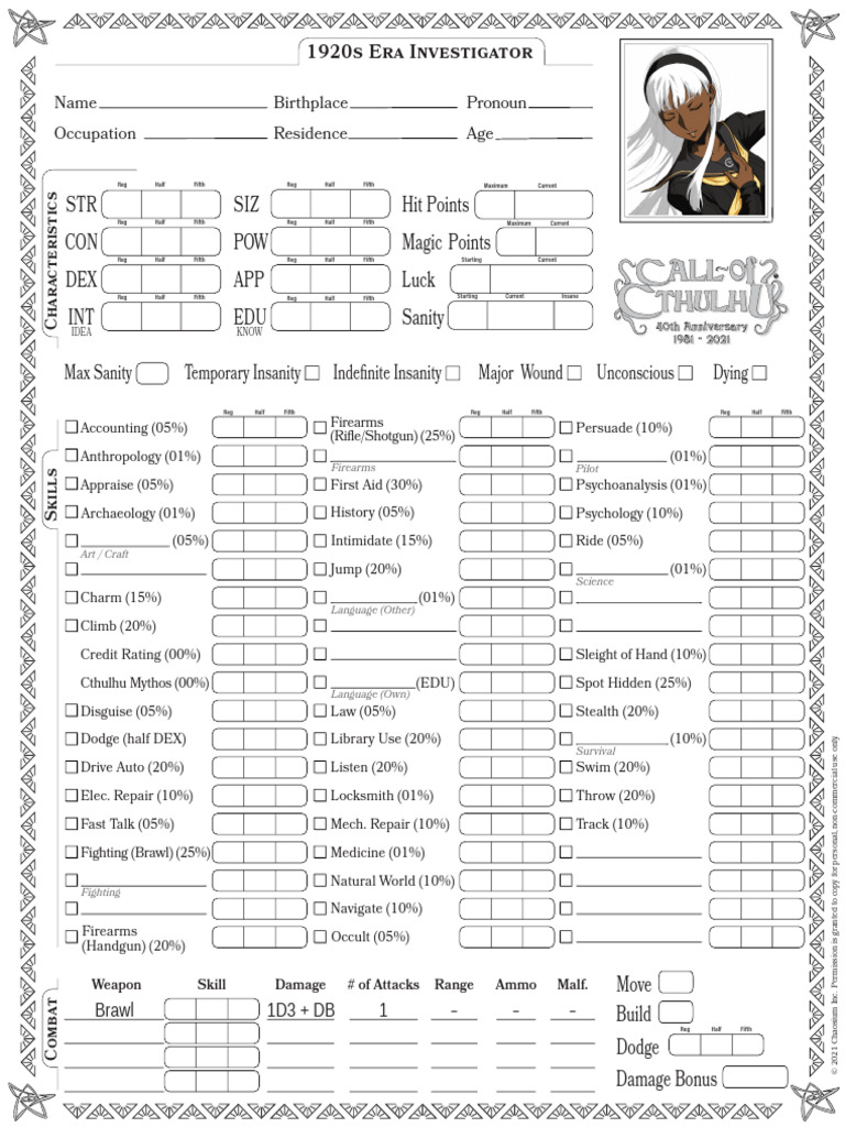 CoC Character Sheet - Layla O'Neill | PDF
