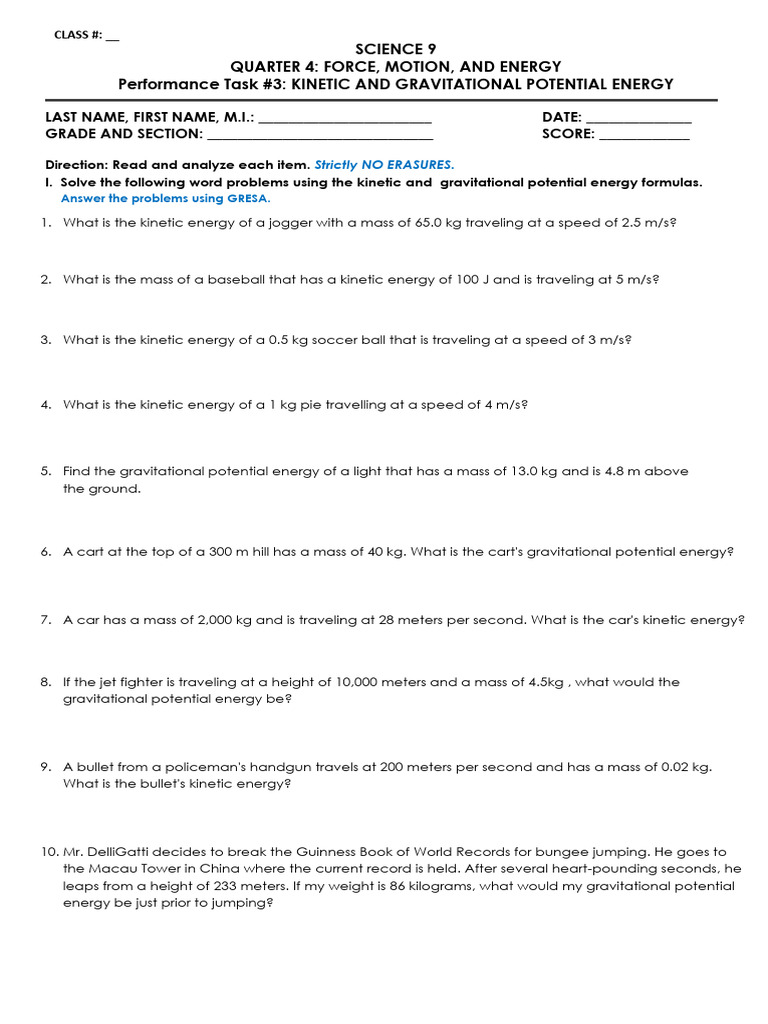 Science 9 - Solving Ke and Gpe | PDF