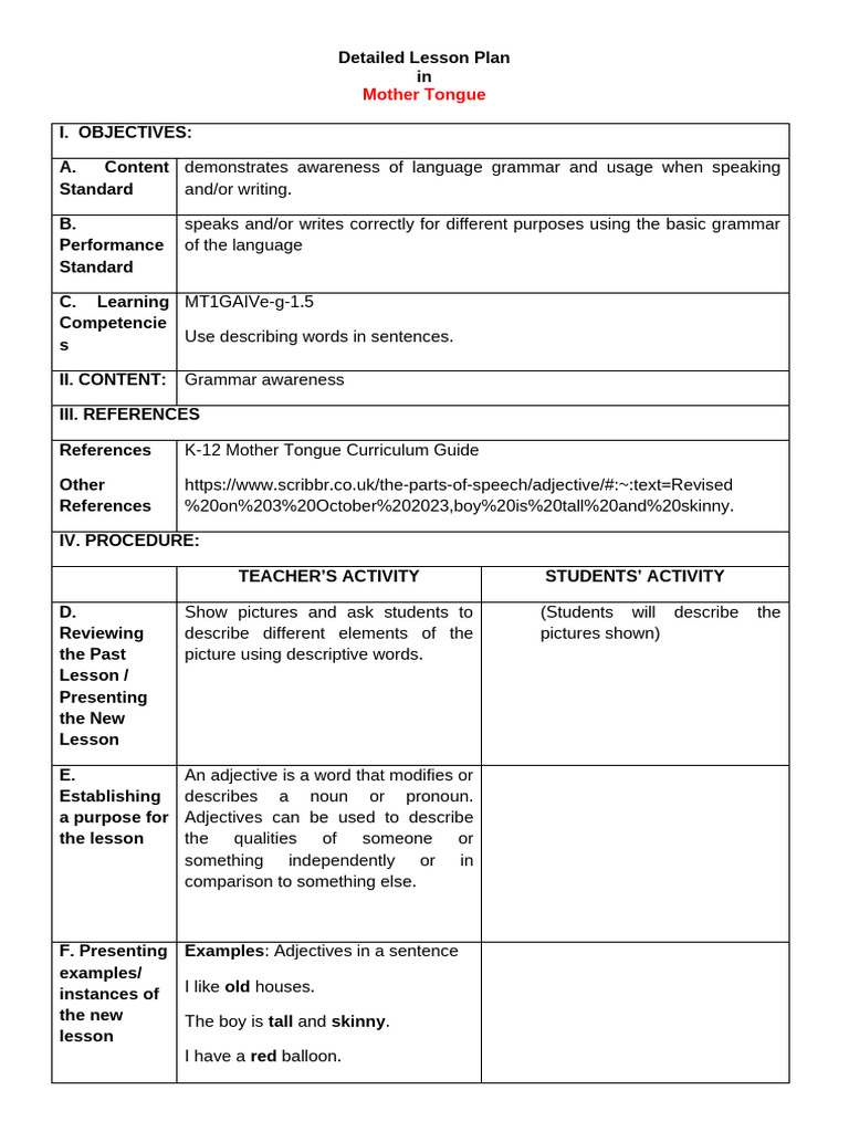 Lesson Plan on Descriptive Words | PDF | Adjective | Lesson Plan
