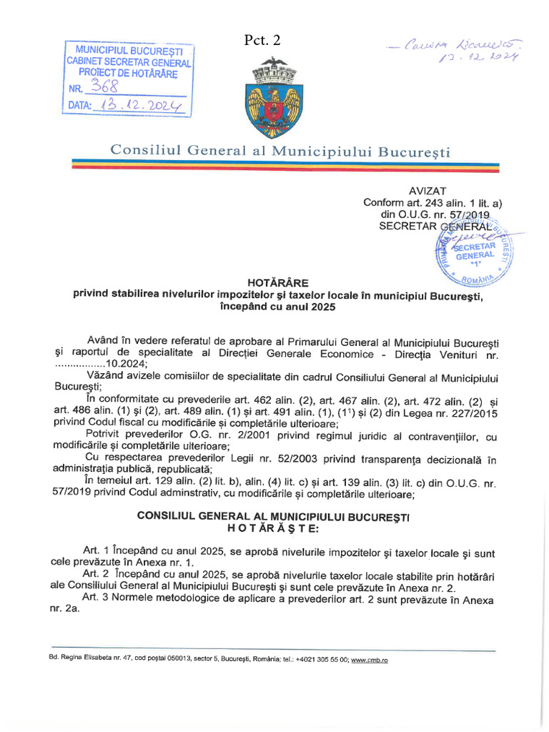 Proiect Stabilire Impozite Și Taxe Locale București Începând Cu 2025 | PDF