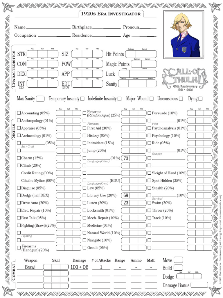 CoC Character Sheet - West Avery | PDF
