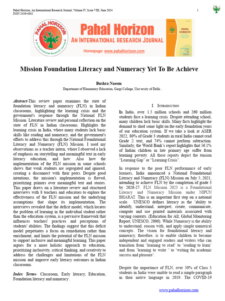 Mission Foundation Literacy and Numeracy Yet To Be Achieved | PDF ...