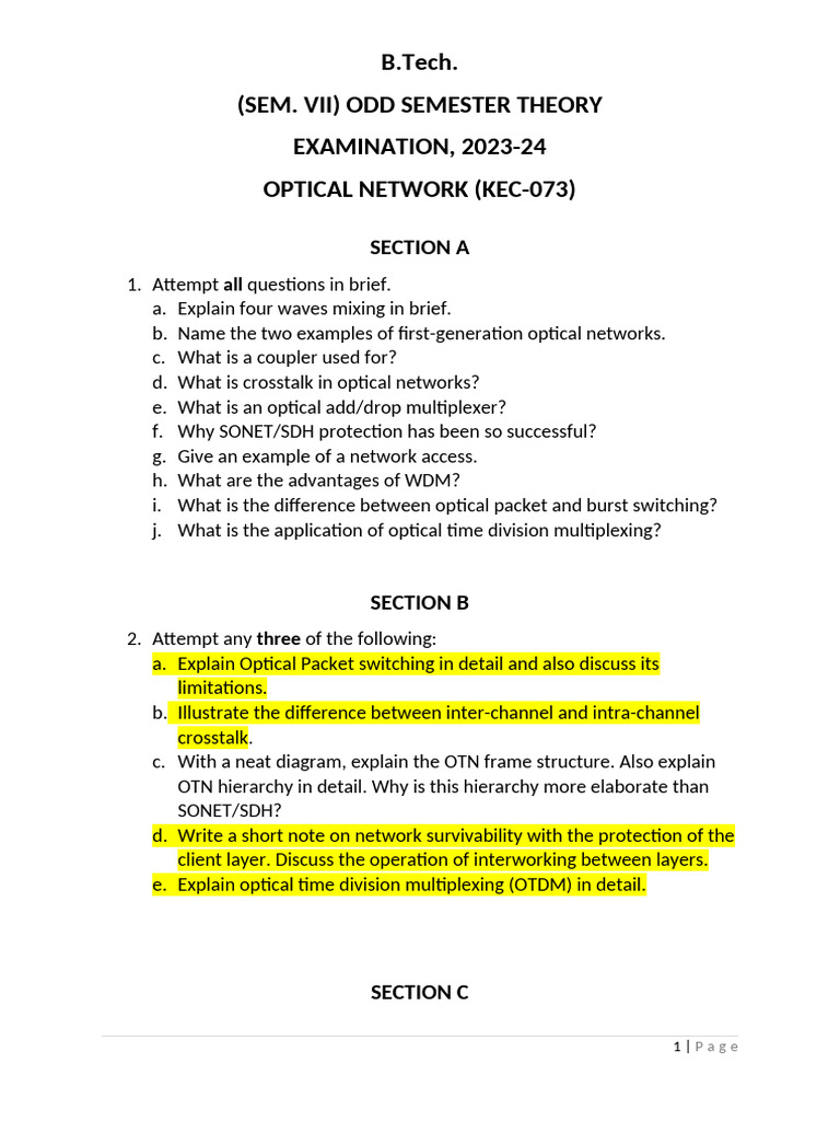 Optical Network PYQ 2023-24 | PDF | Wavelength Division Multiplexing ...