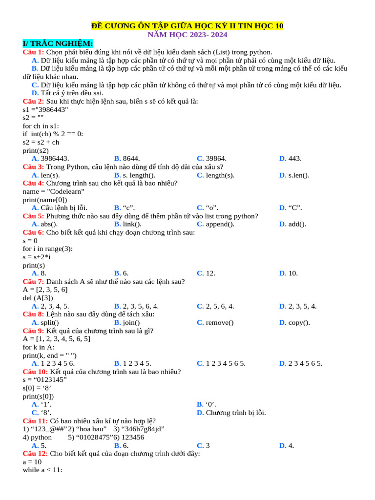 De Cuong On Tap Giua HK2 Tin 10 KNTT 23 24 | PDF