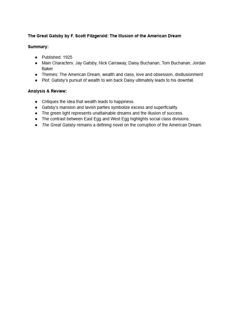 The Great Gatsby: Illusion of the American Dream | PDF