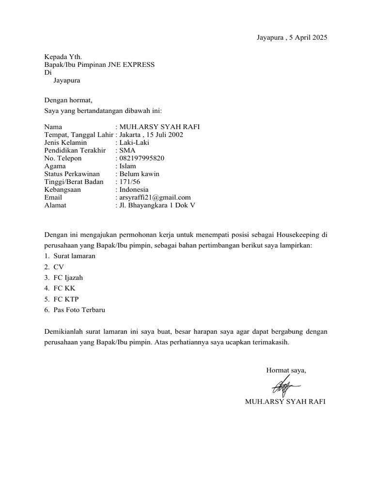 Surat Lamaran JNE Express | PDF