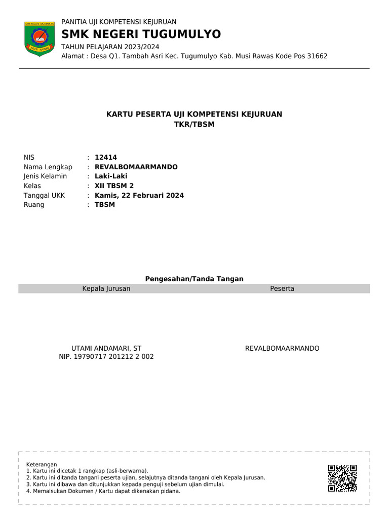 Kartu-UKK-REVALBOMAARMANDO-XII TBSM 2 | PDF