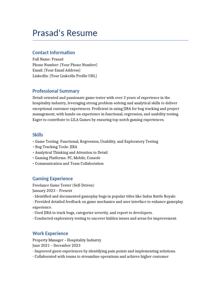 Prasad Game Tester Resume | PDF