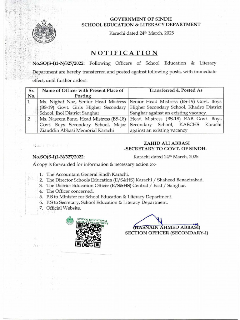Notification For Transfer and Postings in Respect of Ms Nighat Naz, Senior HM (BS-19) and Ms ...