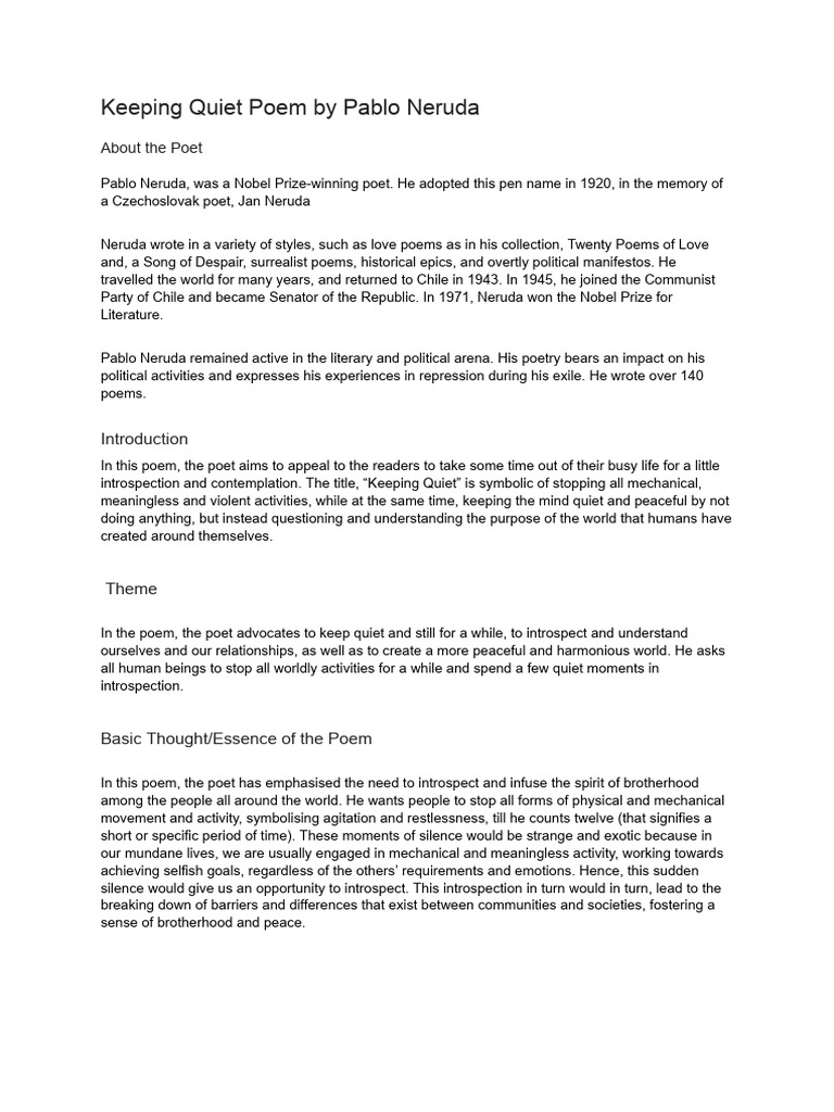 Keeping Quiet-Explanation & Interpretation | PDF | Poetry