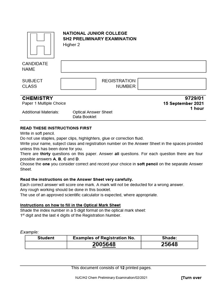 NJC - 2021 - H2 - Chemistry - Paper 1 - QP | PDF | Gases | Oxide