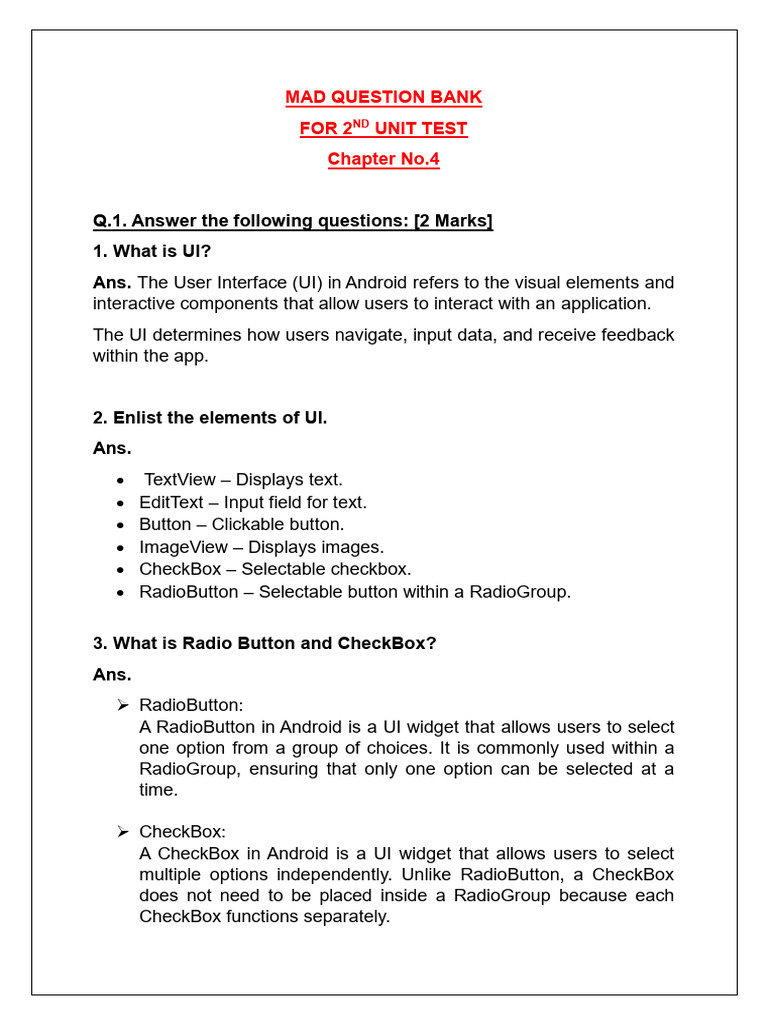 MAD Solved Question Bank For 2nd UT | PDF | Android (Operating System) | Mobile App
