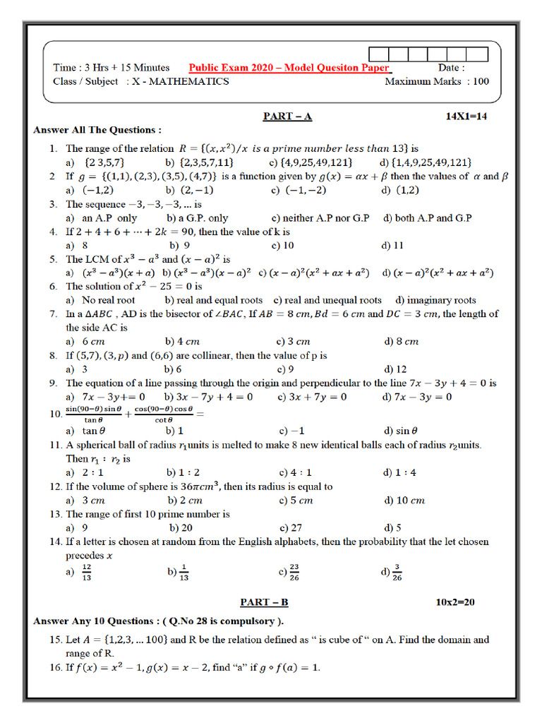 TN 10th Maths Public Exam Model Question Paper (Eng Med) | PDF