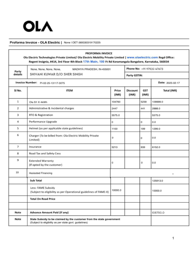 Shivani Kuwar Ola Bill | PDF