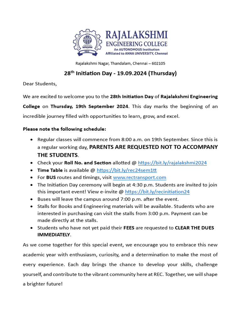 REC 2024 Initiation Day Schedule | PDF