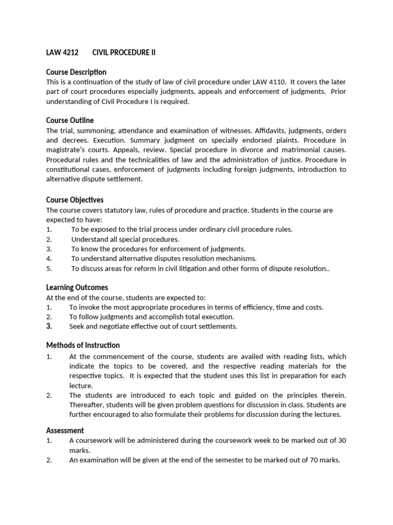 Advanced Civil Procedure II Course Overview | PDF