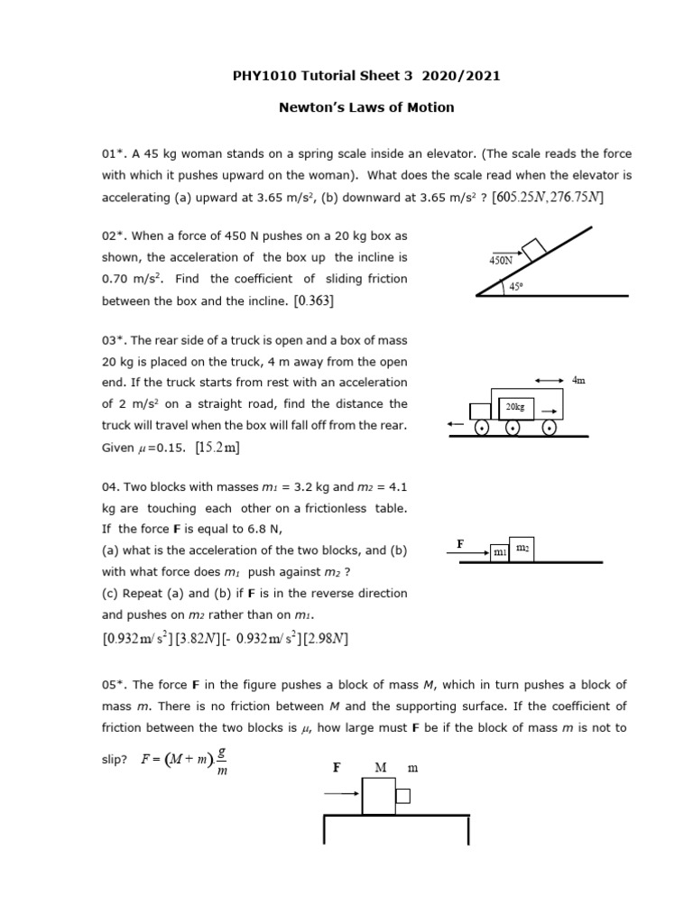 PHY 1010 Tut-03-Newtons Laws 2021 | PDF | Force | Friction