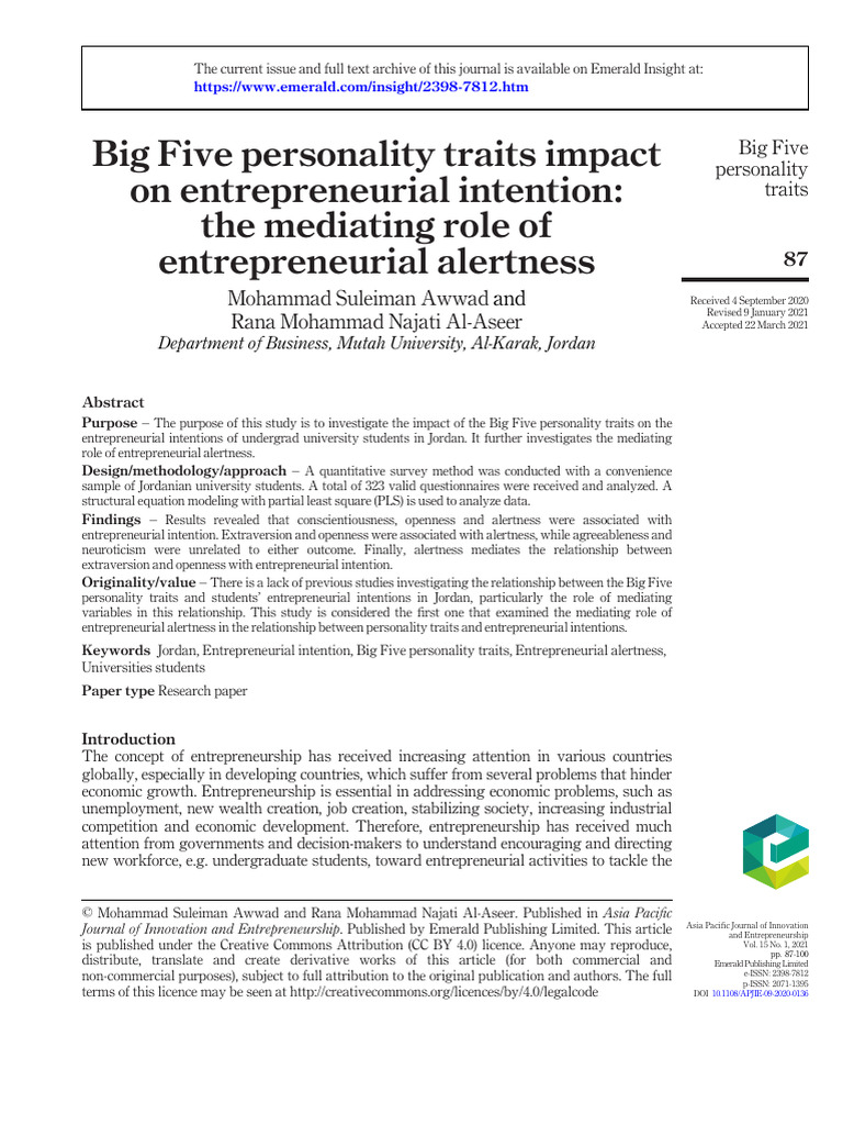 Entrepreneurial (Big Five Personality Traits Journal) | PDF ...