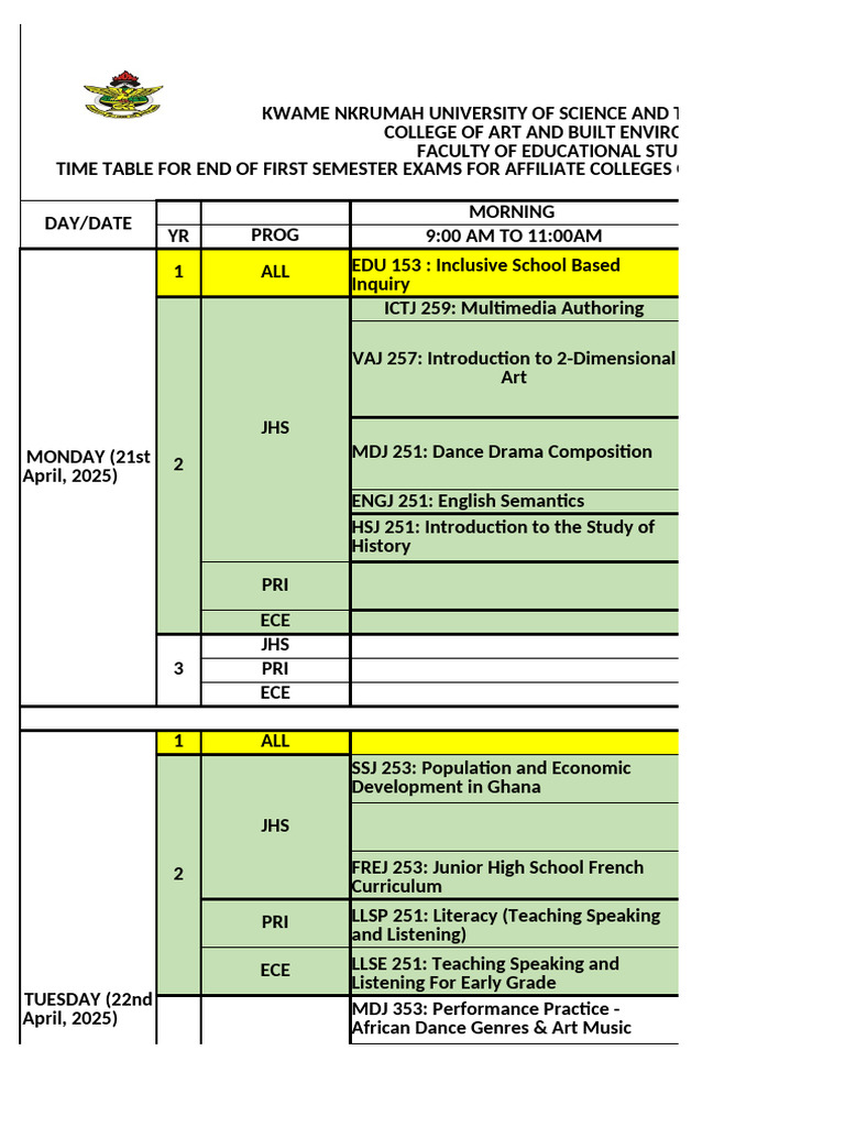 Draft Exam Timetable 1st Semester | PDF | Middle Schools | Mathematics