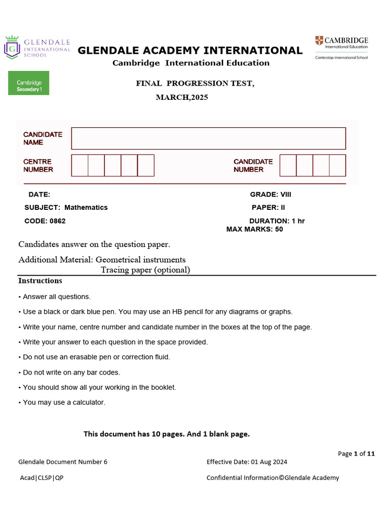FPT Grade 8 Paper II | PDF | Area | Triangle