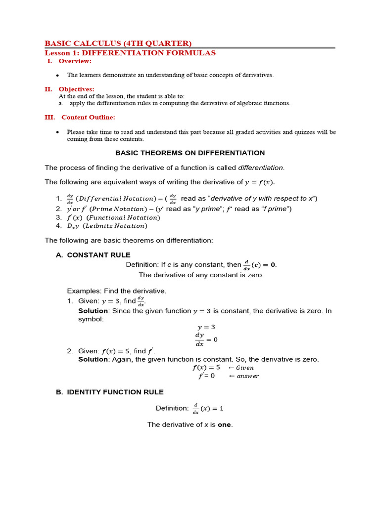 Lesson 1. Differentiation Rules | PDF | Derivative | Function (Mathematics)