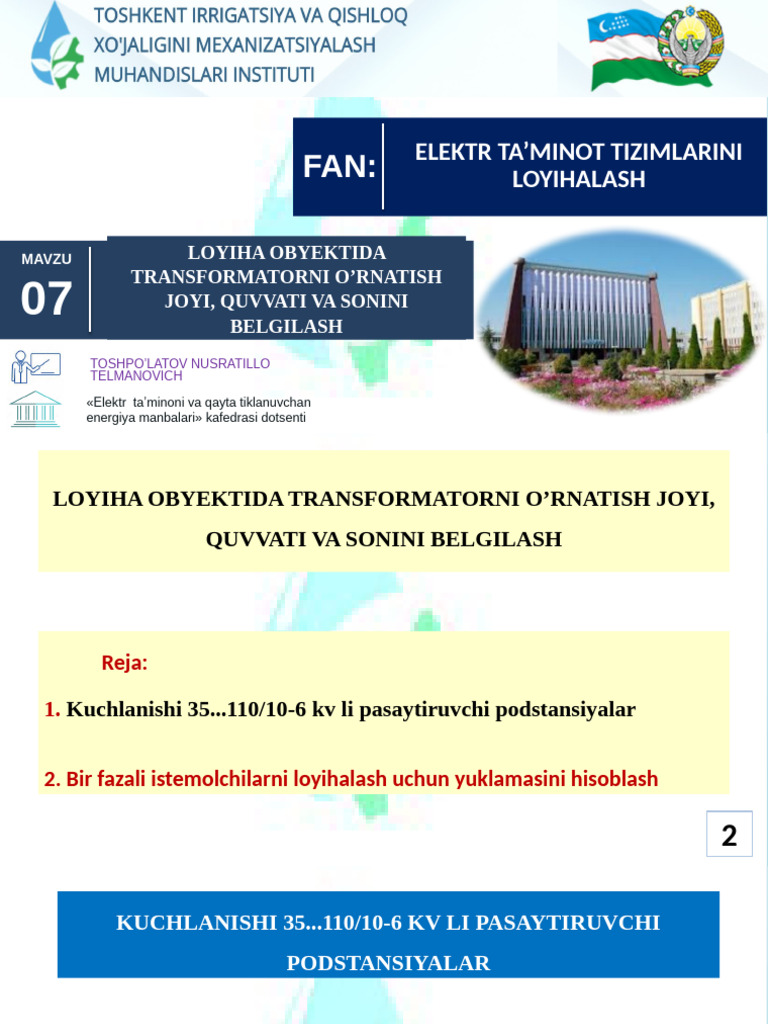 7 ma'ruza LОYIHA OBYEKTIDA TRANSFОRMATОRNI O'RNATISH JОYI, QUVVATI | PDF