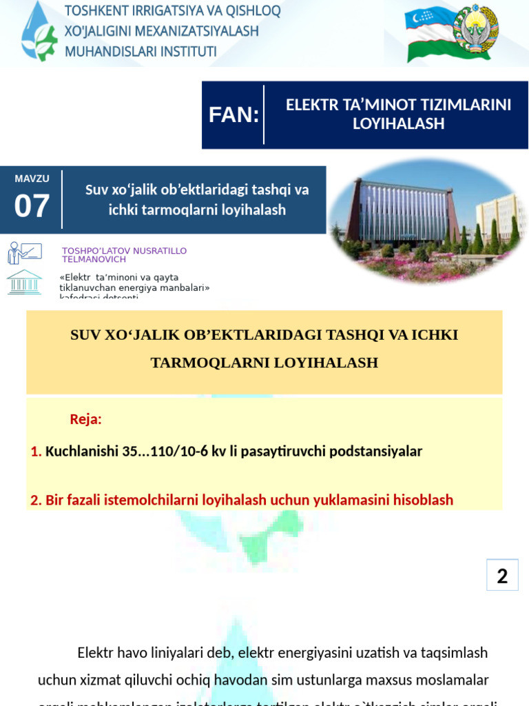 8 Mavzu Suv Xo'jalik Obektlarida Tashqi Va Ichk Narmoqlarni Loyihalash | PDF