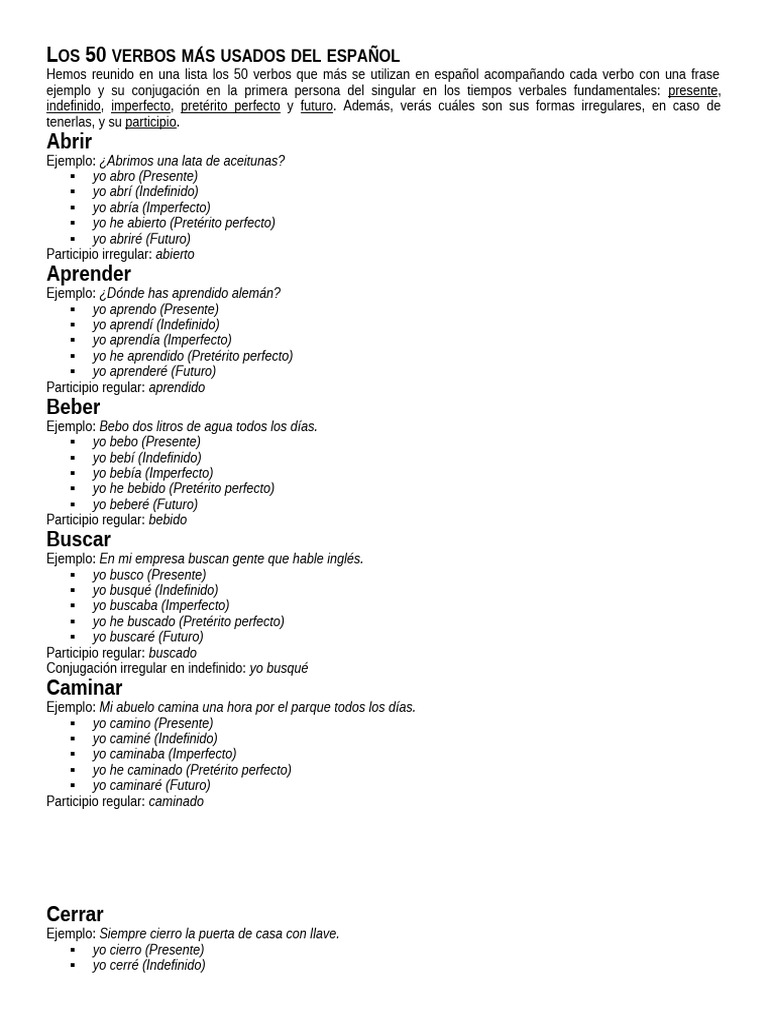 Los 50 Verbos Más Usados Del Español | PDF | Verbo | Relaciones sintácticas