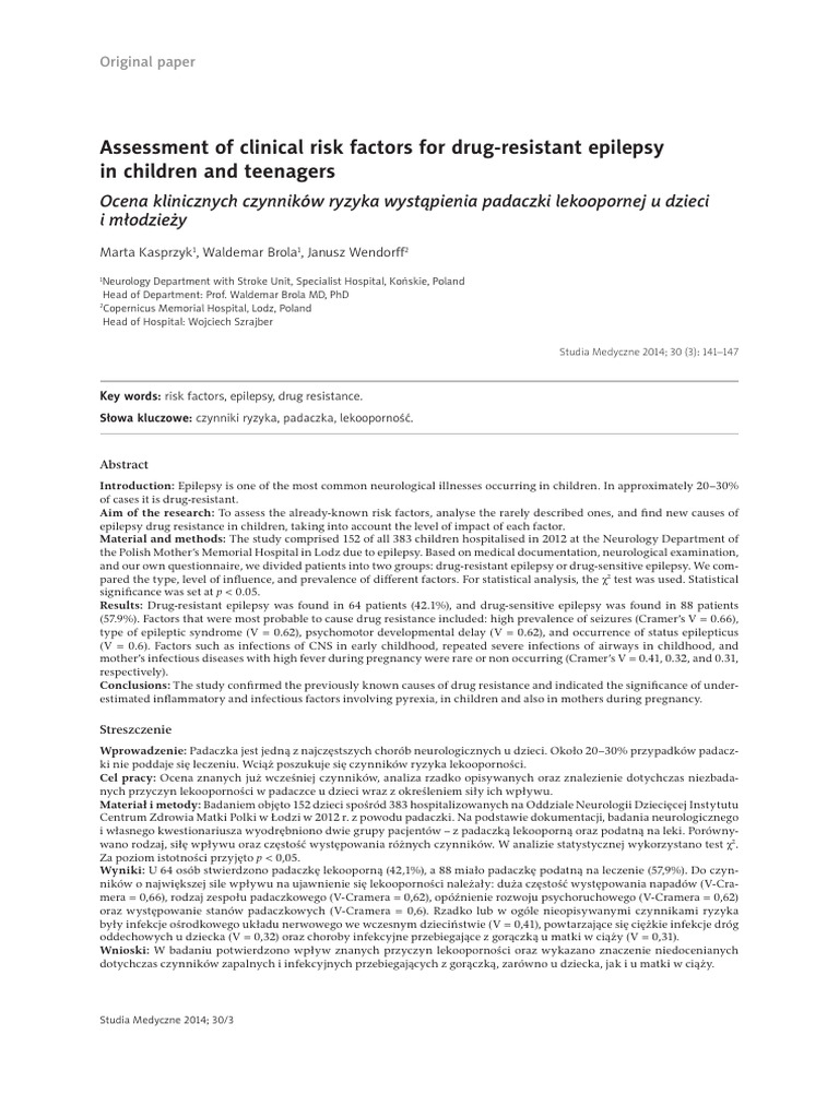 Assessment of Clinical Risk Factors for Drug-resistant Epilepsy | PDF ...