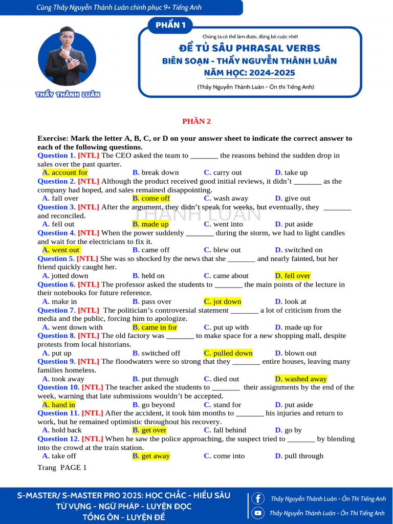 ĐỀ TỦ SÂU PHRASAL VERBS (P2) | PDF