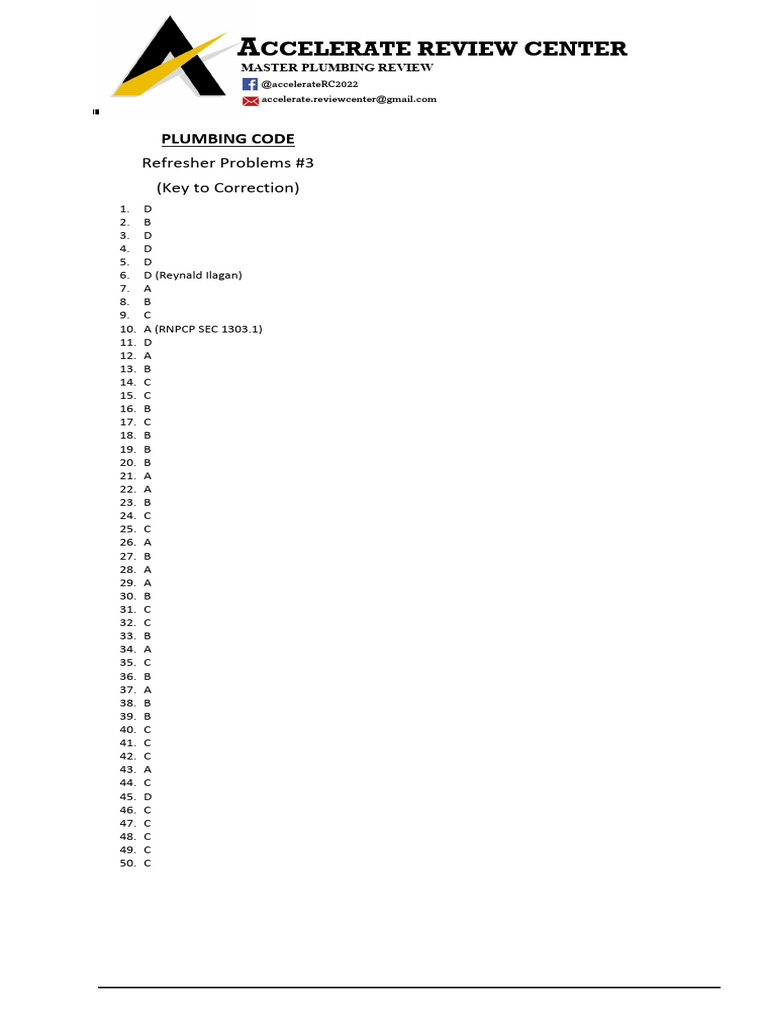 Plumbing Code Refresher Problems 3 - Answer Key | PDF