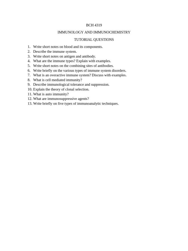 BCH 4319 (Immunology) Tutorial Questions - 053836 | PDF