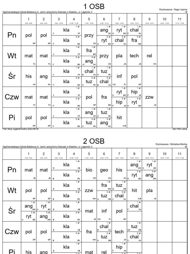 Plan Lekcji Klas | PDF