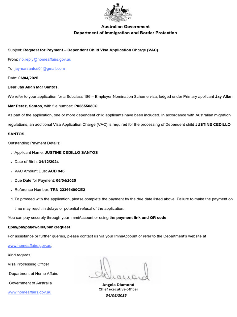 Dependent Child Visa Payment Notice | PDF