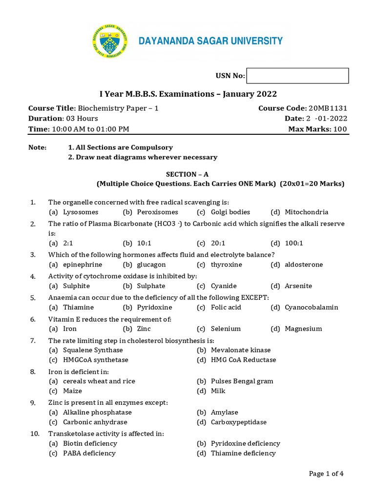 20MB1131 - Biochemistry Paper 1 - QP | PDF | Glycolysis | Phosphorylation