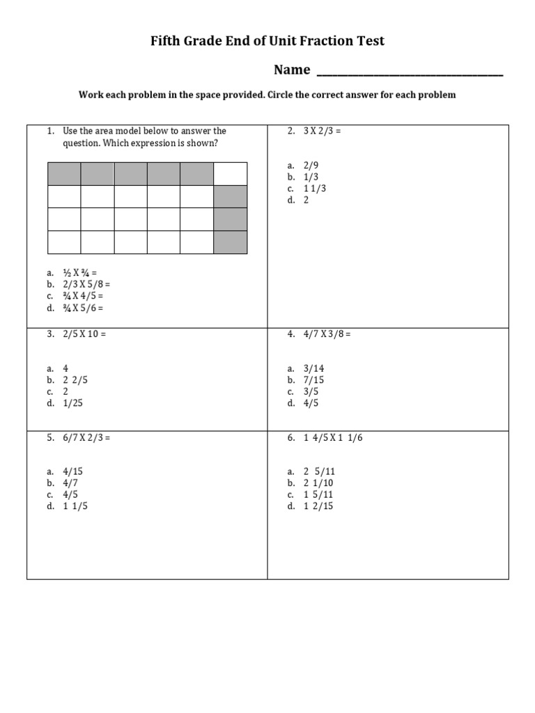 Fifth Grade End of Unit Fraction Test | PDF | Mathematics | Baking