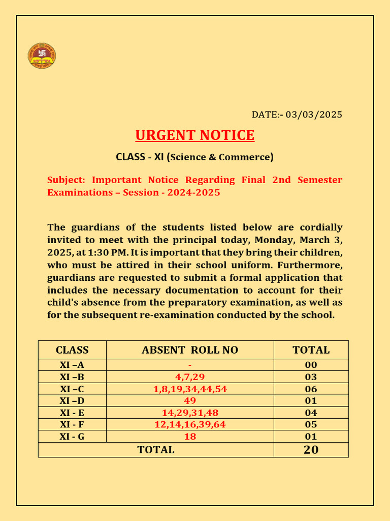 CLASS - XI URGENT NOTICE Regarding Final 2nd Semester Examinations | PDF