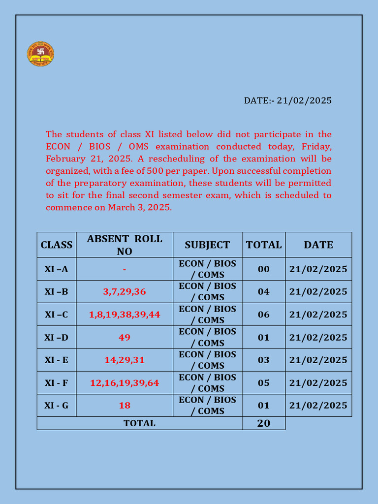 Class XI Examination Absentees Notice | PDF
