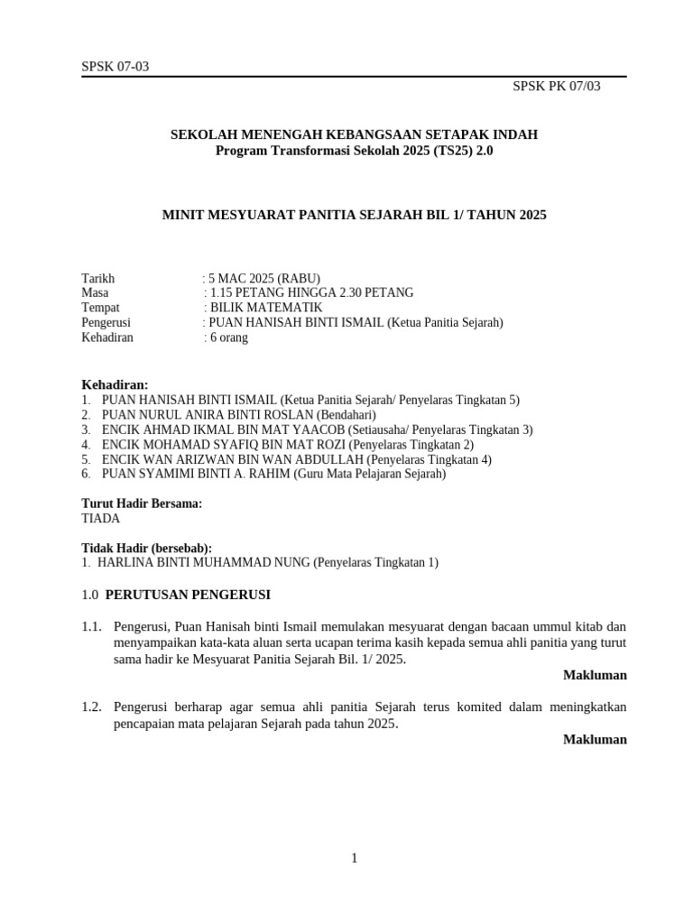 Minit Mesyuarat Panitia Sejarah Bil. 1 - 2025 | PDF