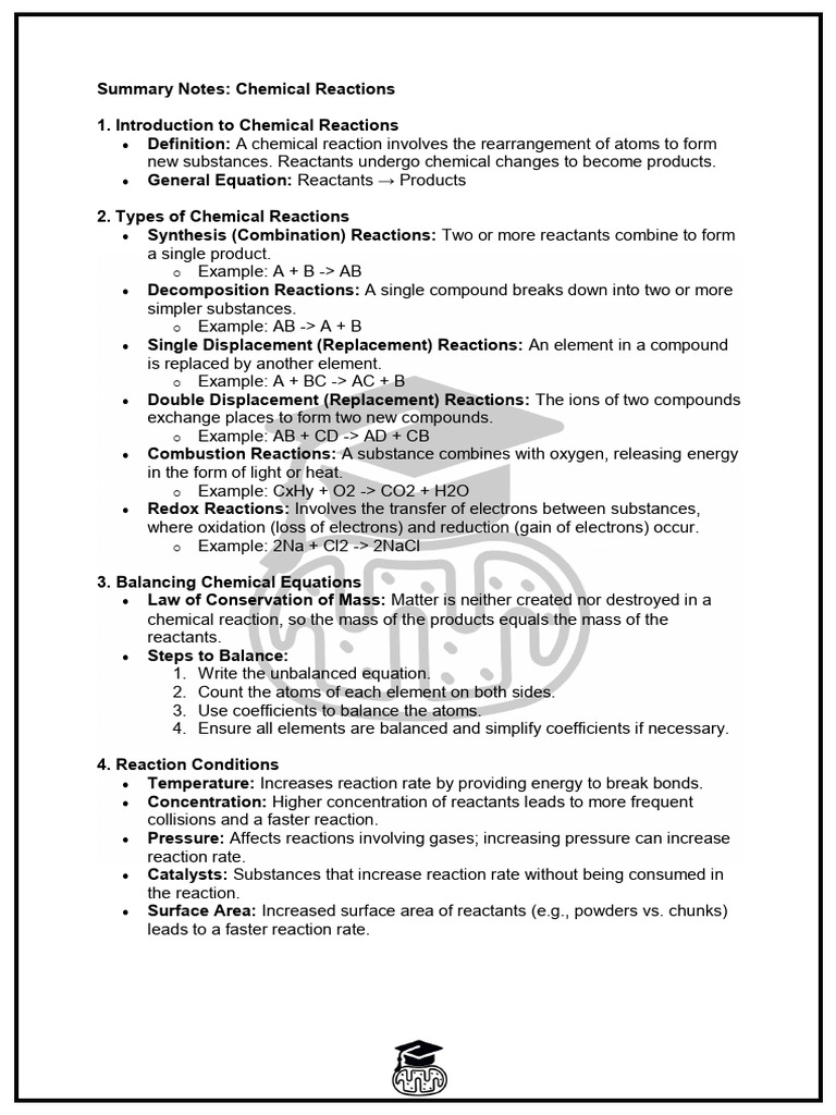 Summary Notes - Chemical Reactions | PDF | Chemical Reactions ...