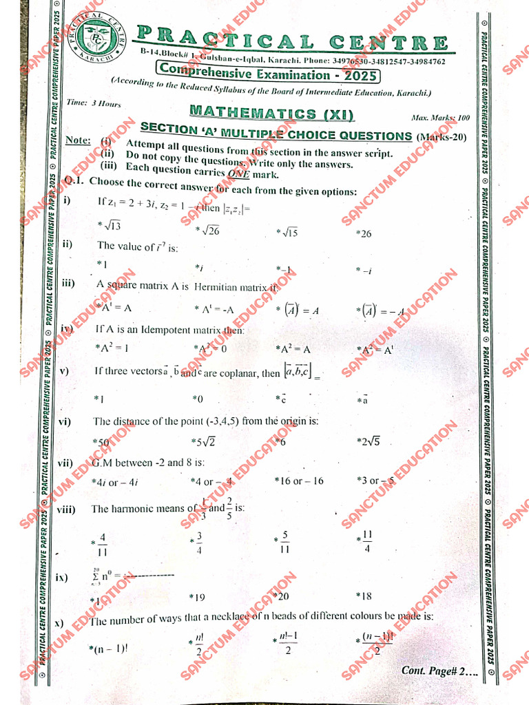 Xi Maths PC Comprehensive Paper 2025 - Sanctum Education | PDF